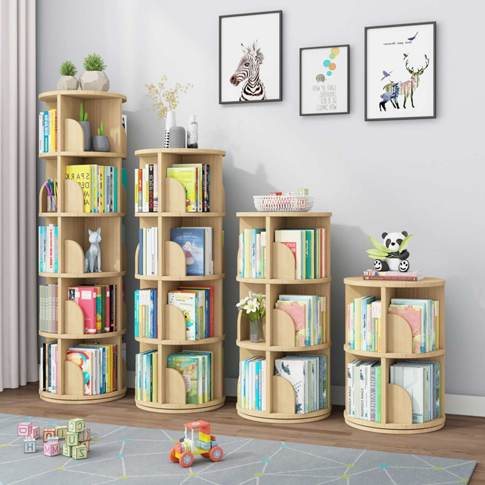 TNUEEIO 4-Tier Wooden Rotating Bookshelf,Natural Solid Wood Revolving Floor Standing Bookcase 360 Display Corner Storage Rack for Kids Adults, Stackable Shelves Bookshelf Organizer