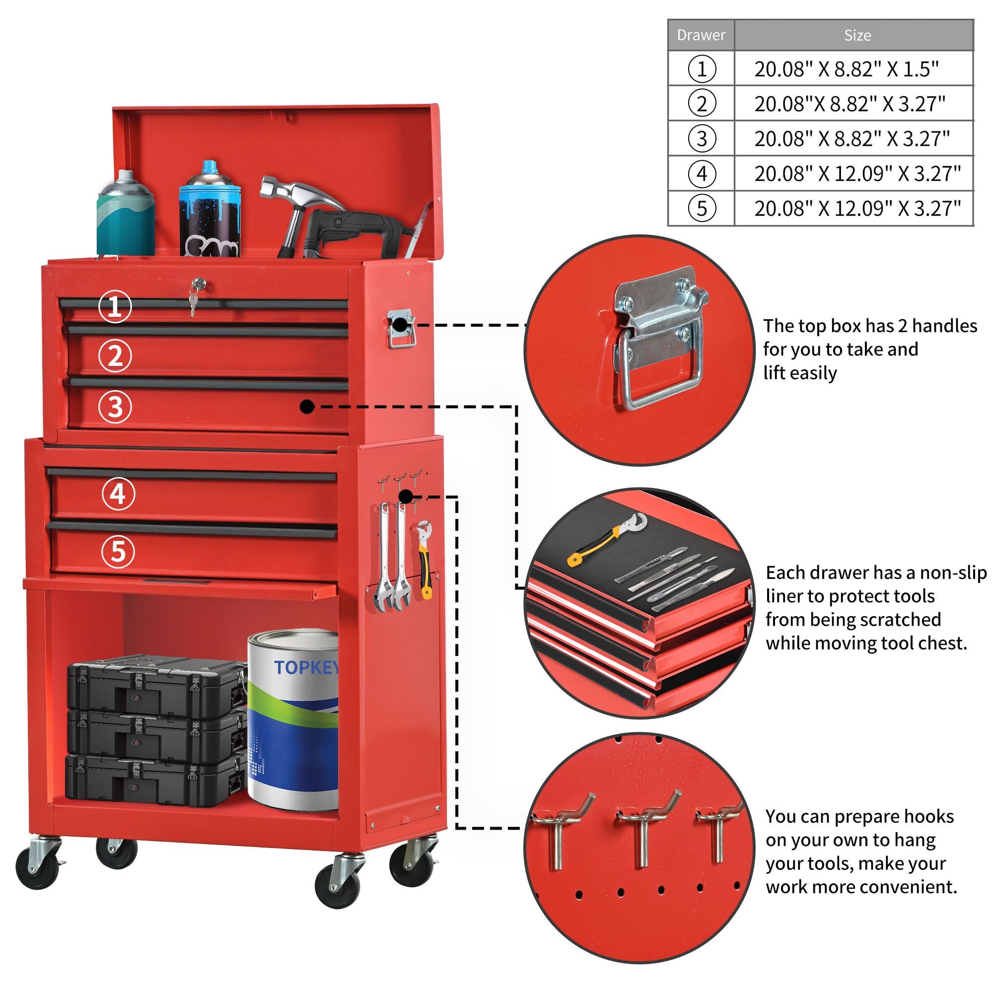 TOPKEY Rolling Tool Chest Cabinet High Capacity Tool Cart Tool Box with Wheels & Locking System, 5-Drawers Toolbox Organizer Detachable Tool Storage Cabinet for Garage, Repair Shop, Workshop