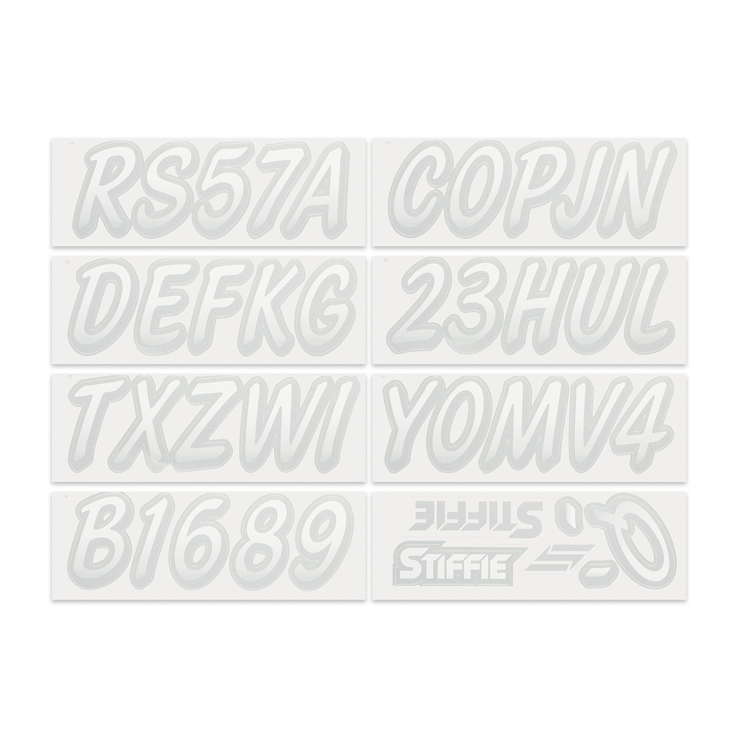 STIFFIE Whipline White/Silver SUPER STICKY 3" Alpha Numeric Registration Identification Numbers Stickers Decals for Sea-Doo SPARK, Inflatable Boats, RIBs, Hypalon/PVC, PWC and Boats.