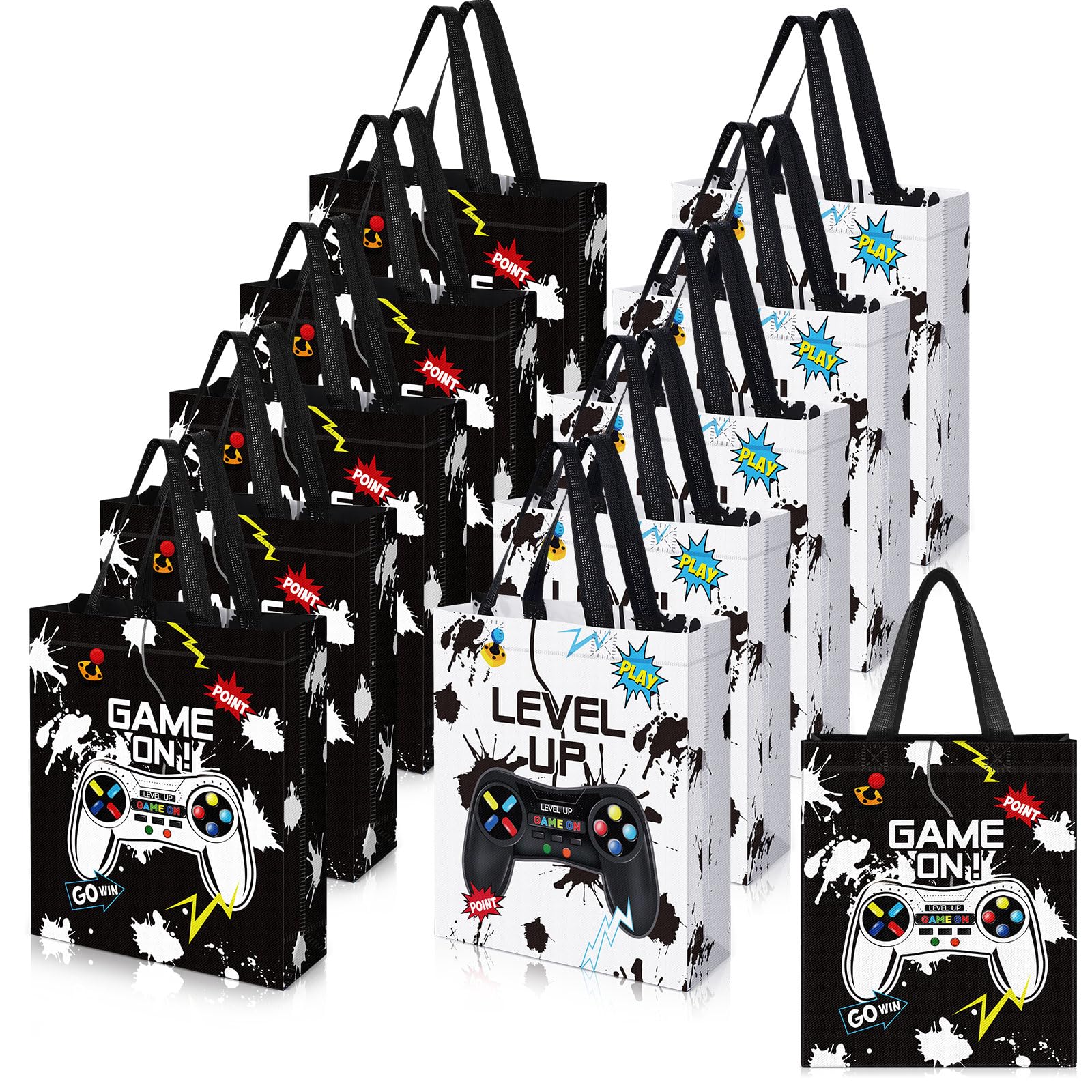 Sweetude 30 Pcs Video Game Gift Bag with Handle Game Party Supplies Reusable Gaming Non Goody Bag for Girl Boy, 2 Styles(Black, White)