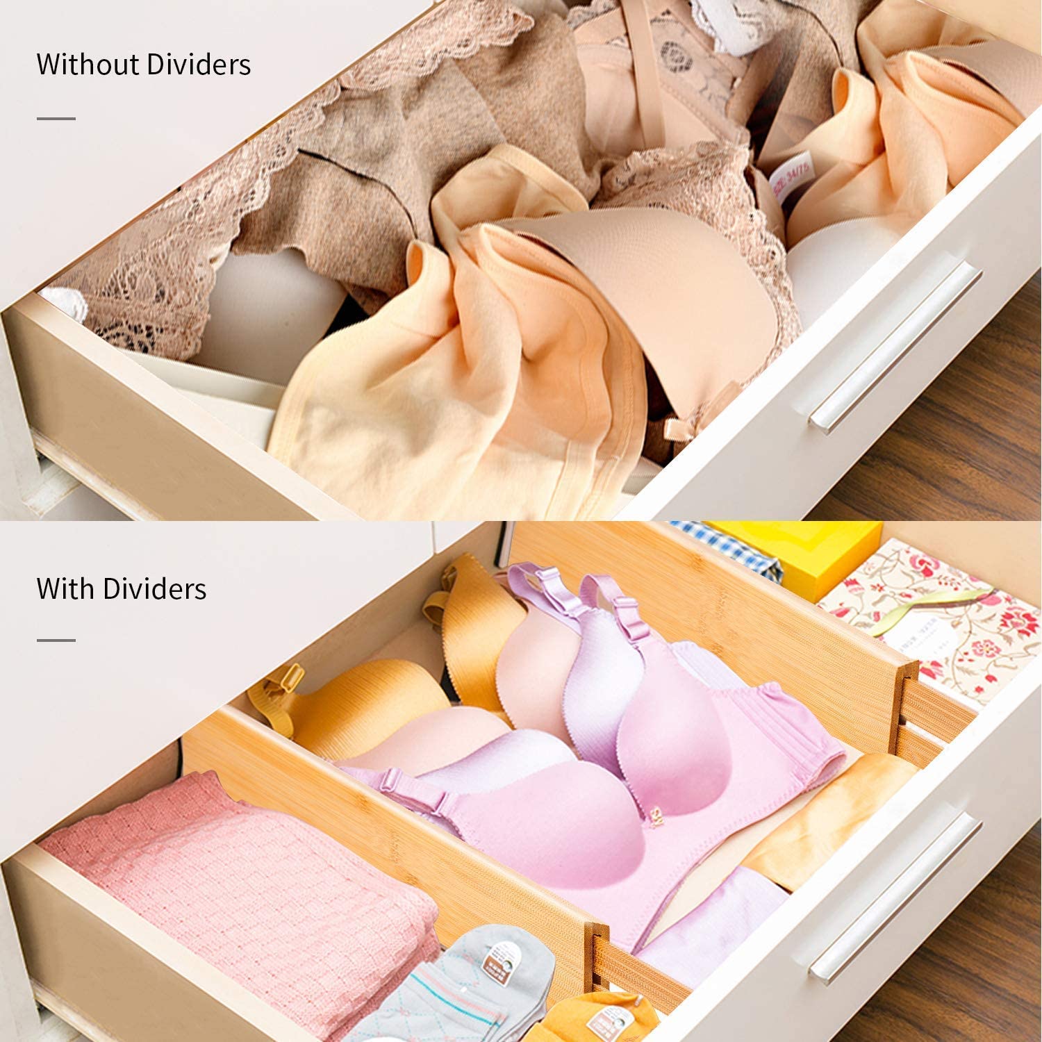 Utoplike 4 Pack Large Bamboo Kitchen Drawer Dividers 16.8-21.8IN and Bamboo Kitchen Knife Drawer Organizer Set