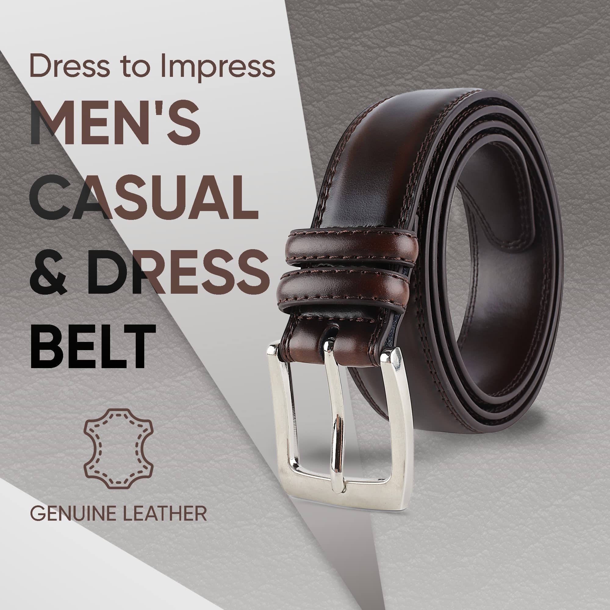 Prospero Comfort Men's Classic Dress Belt ALL Genuine Leather Double Stitch Design 1.35 inches (35mm) Cognac Brown Size 36