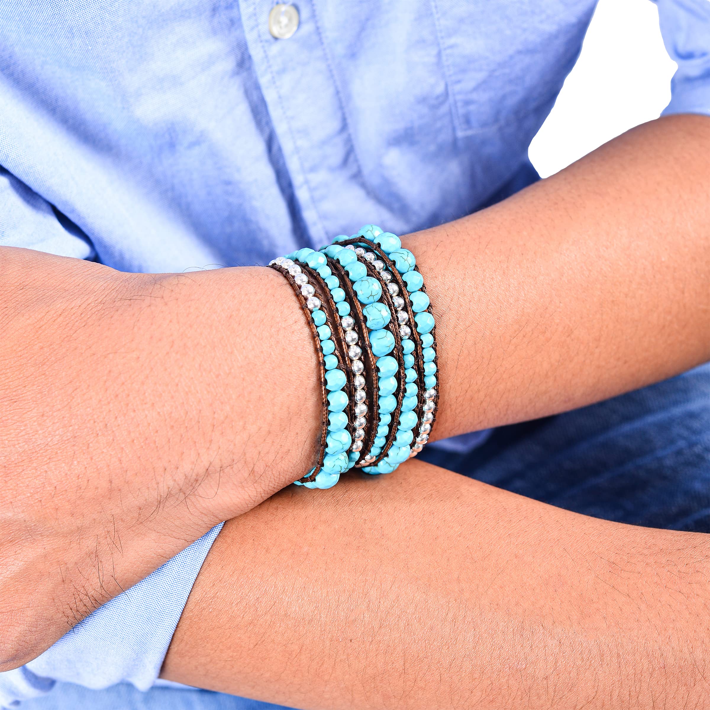 spirit wrist Turquoise Bead + Silver Zinc River Boho Wrap Bracelet