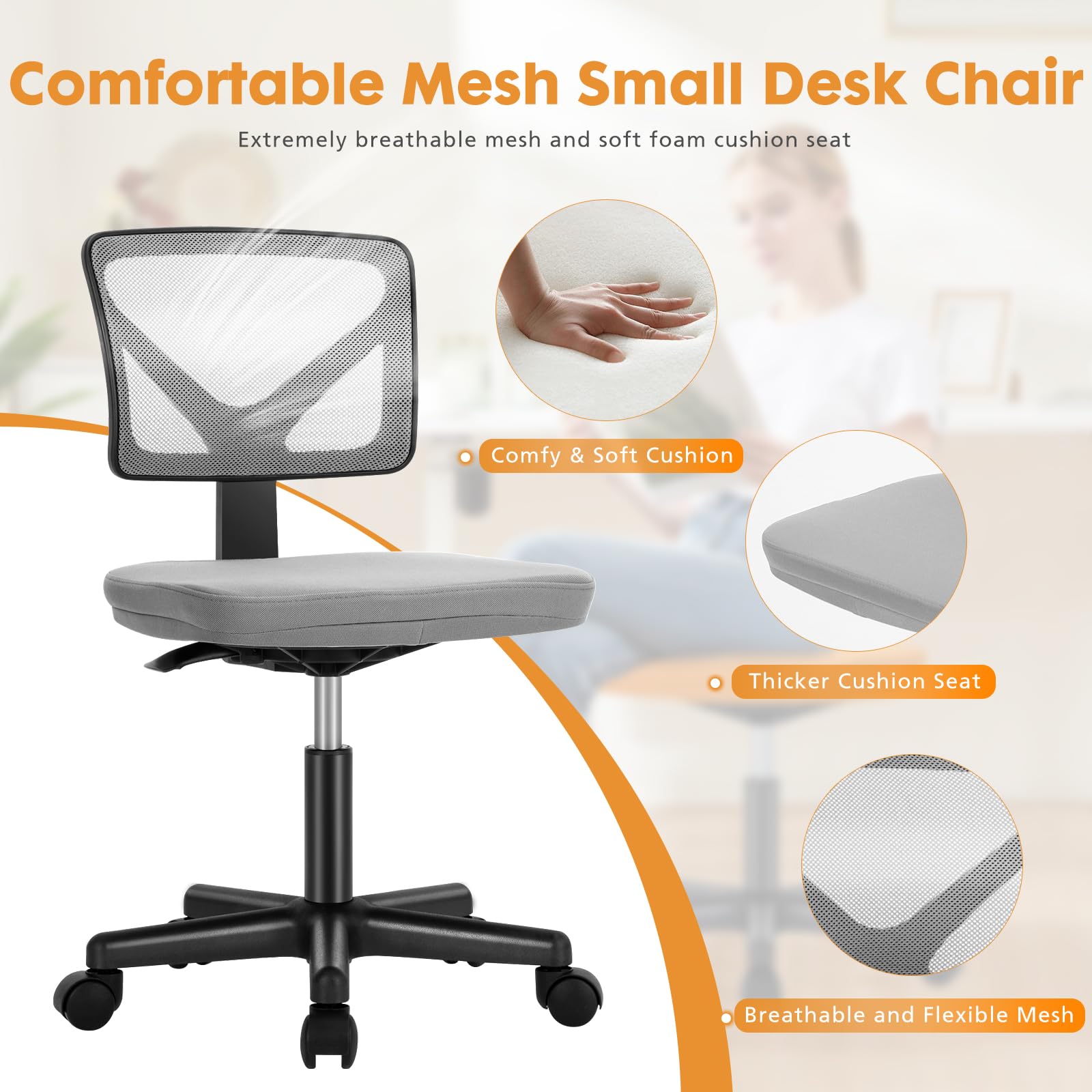 Sweetcrispy Small Office Computer Desk Chair with Armless Low Back Lumbar Support and Adjustable Height 360° Rolling Swivel Wheels without Arm for Small Space, Bedroom, Student
