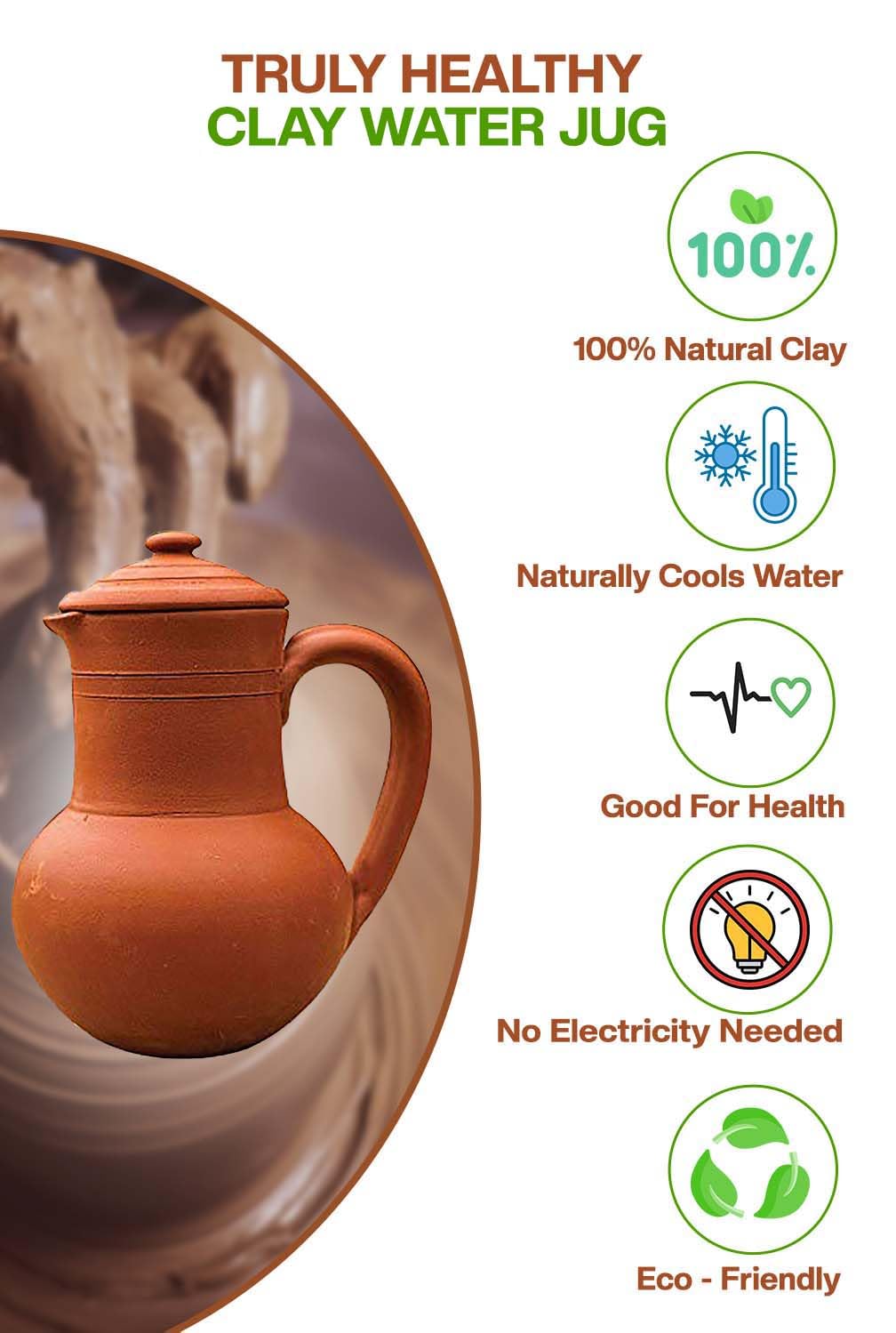 Village Decor Handmade Clay Water Jug With Lid | Carafes Pitcher Capacity 67 oz 2000 ml.