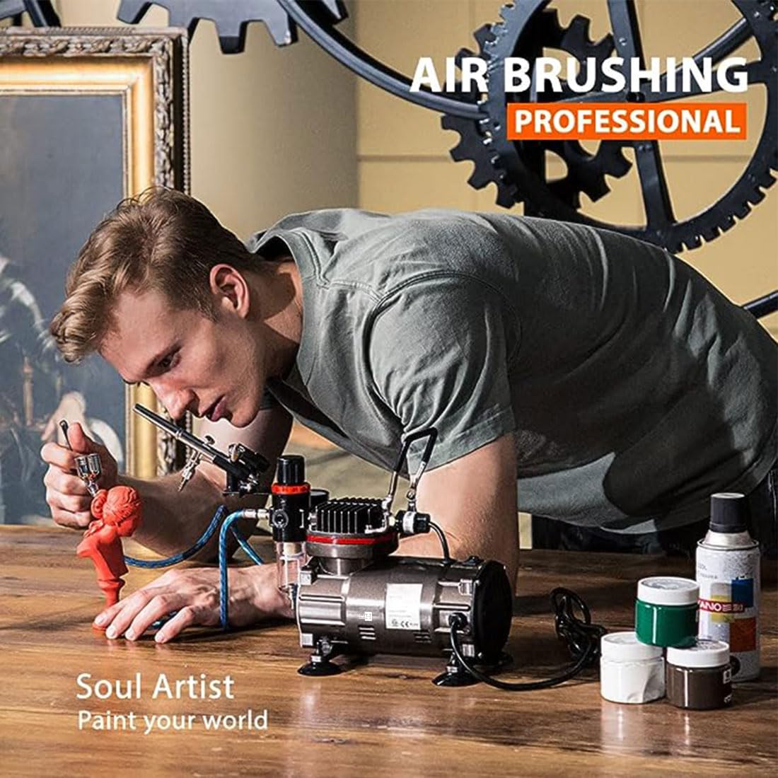 VIVOHOME Airbrush Kit with 1/5 HP Air Compressor and 3 Dual Action Professional Airbrush Gun, Gravity and Siphon Feed, Quiet Air Brush Paint Set with Holder, Color Wheel, Cleaning Brush, 2 Cup