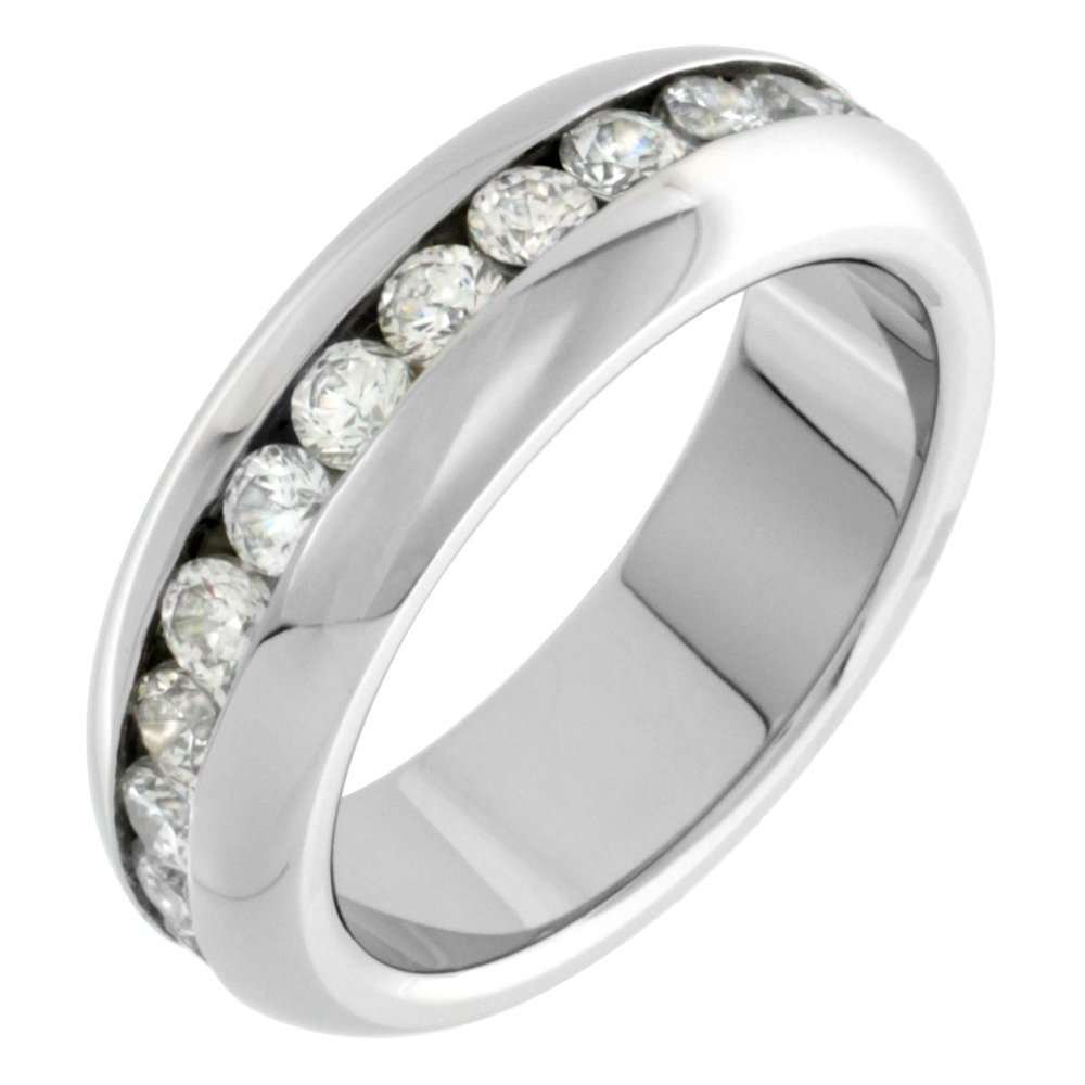 Surgical Stainless Steel 7mm Domed Eternity wedding Band Ring 3mm CZ Stones Highly Polished, size 13