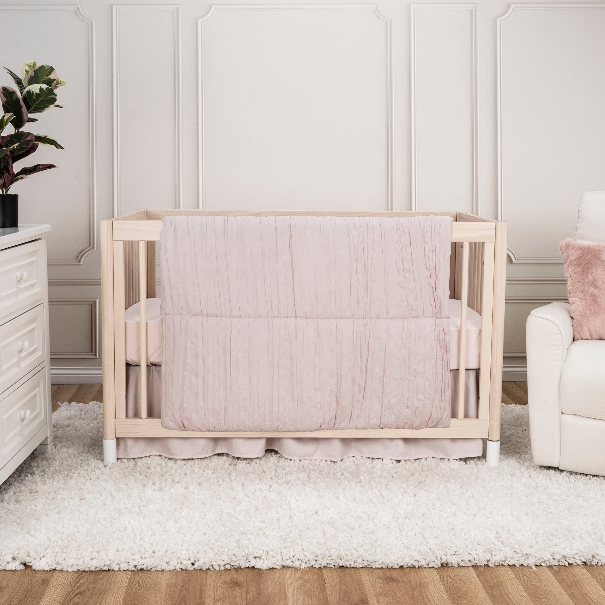 Trend Lab Soft Blush Pink Fabric 3 Piece Crib Bedding Set, Sewn with Elegant Ruching, Includes Quilt, Fitted Crib Sheet and Skirt