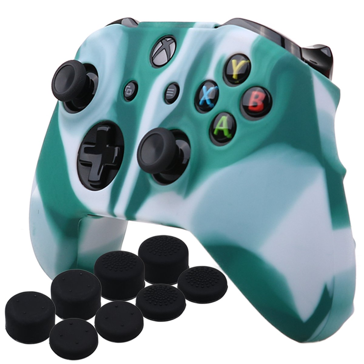 YoRHa Silicone Cover Skin Case for Microsoft Xbox One X & Xbox One S Controller x 1(White Green) with Pro Thumb Grips 8 Pieces