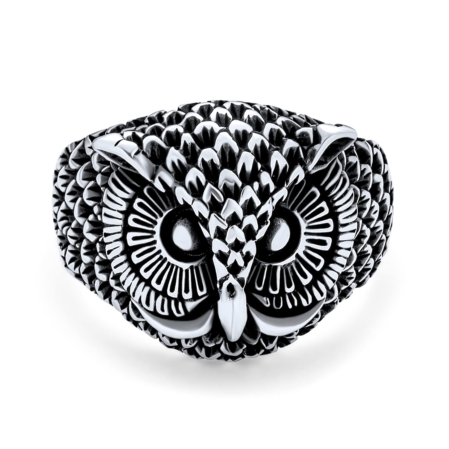 Unisex Personalized Protection Large Statement Old Wise Bird Night Owl Band Ring For Men Women Teen Oxidized .925 Sterling Silver
