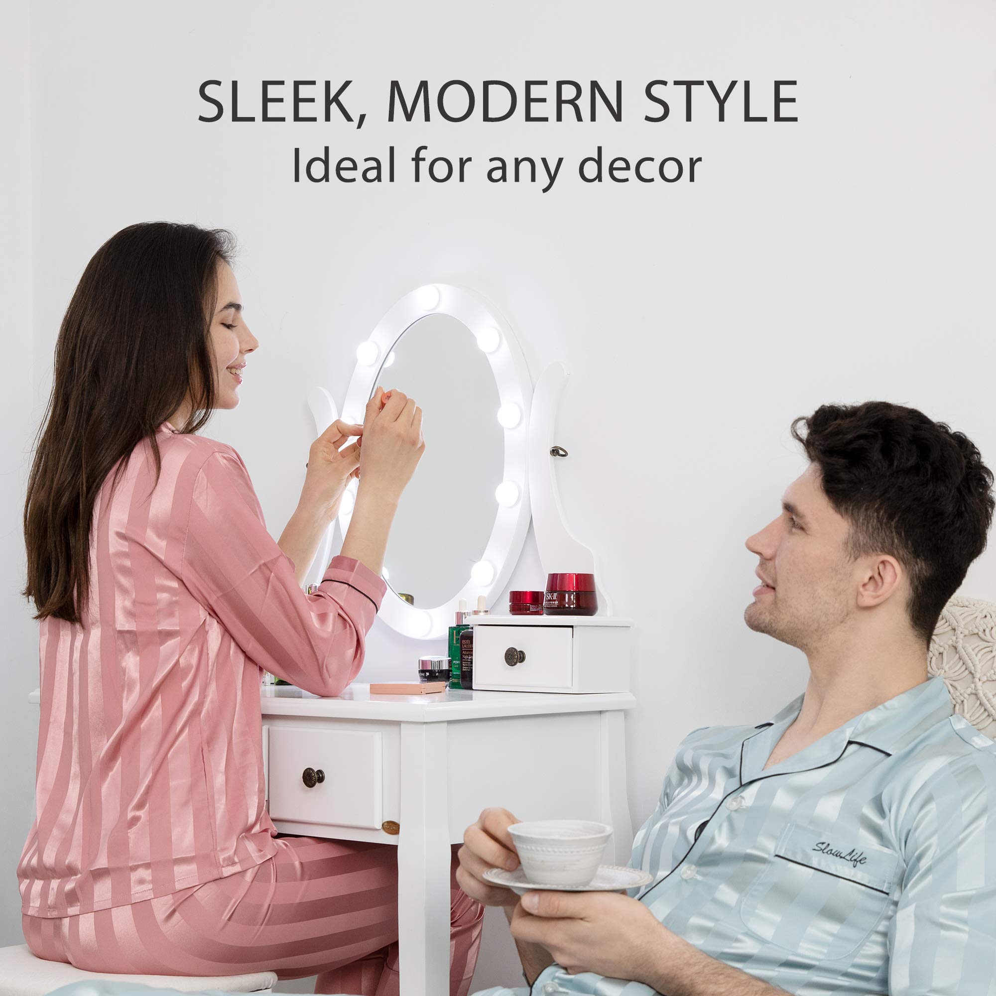 VIVOHOME Kids Vanity Set, Makeup Dressing Table with 360° Rotating Mirror for Girls, Pink Makeup Vanity Set with 10 Dimmable LED Bulbs, with 360° Rotating Lighted Mirror, White