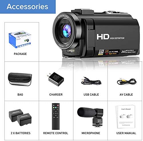 Video Camera, 1080P FHD Camcorder 30FPS 24MP Vlogging Camera for YouTube with 16X Digital Zoom, 3 Inch 270 Degrees Rotation LCD Screen Camera Recorder with Microphone, Remote Control and 2 Batteries