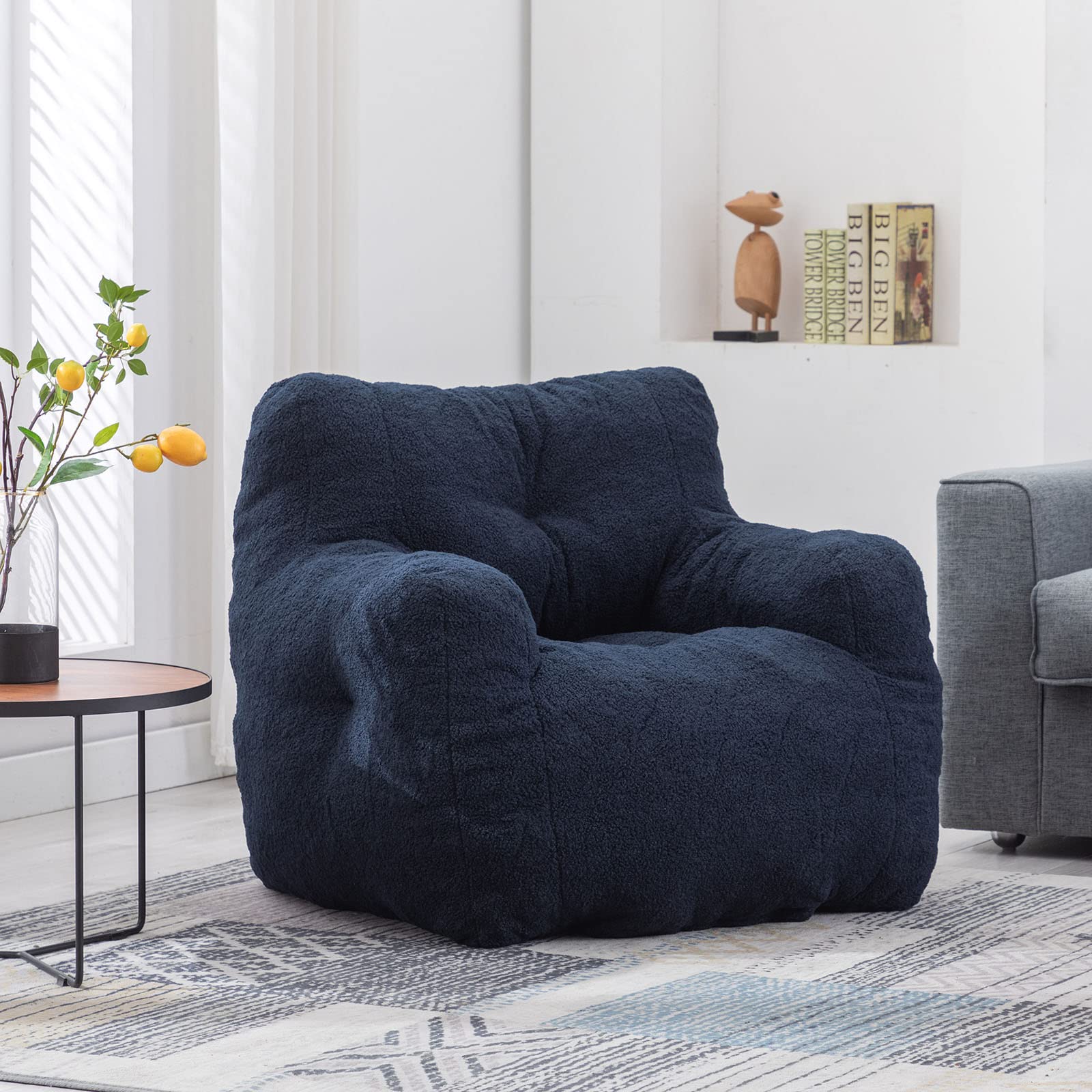 Soft Tufted Bean Bag Chairs for Adults, Medium Teddy Fabric Bean Bags with Arms, Dark Blue