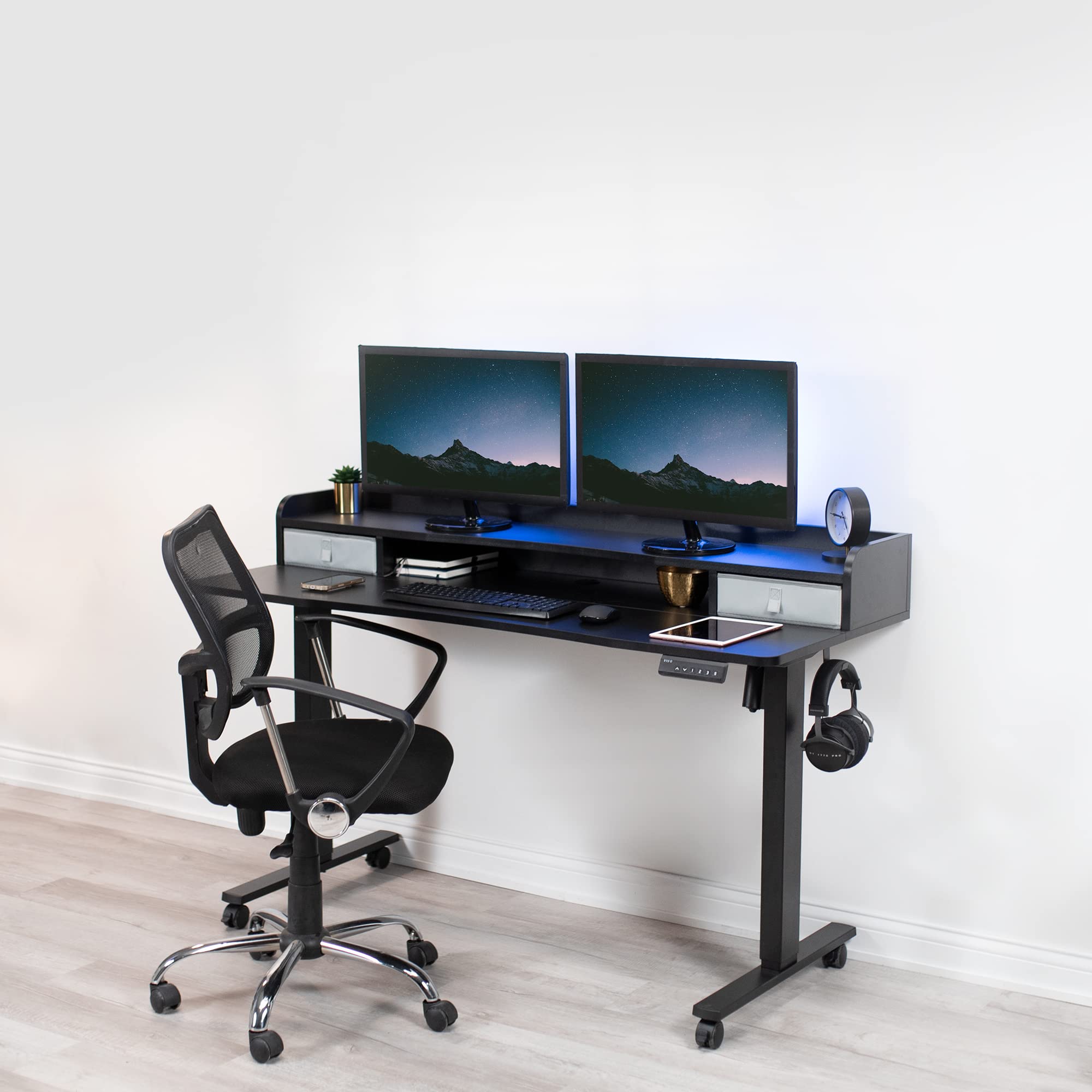 VIVO Electric 2-Tier Height Adjustable 60 x 24 inch Stand Up Desk, Mobile Table with Storage Drawers, Standing Workstation with Memory Controller, Casters, White, DESK-E-Y60SW