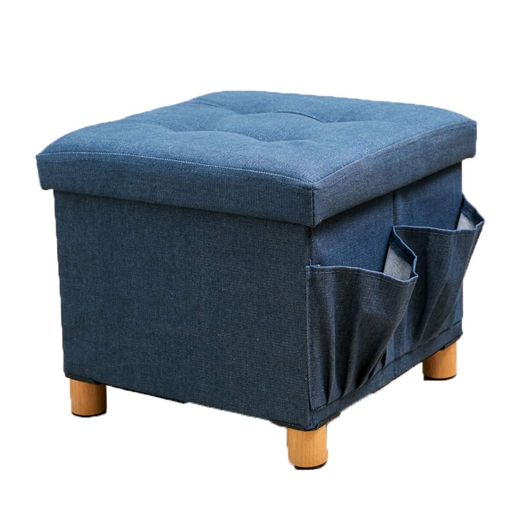 WALTSOM Folding Storage Ottoman, Cube Footrest Seat Stool Coffee Table with Woode Feet, Side Pockets, Double Sides Lid, Soft Padding for Home and Office, 15"X15"x15" (Blue)