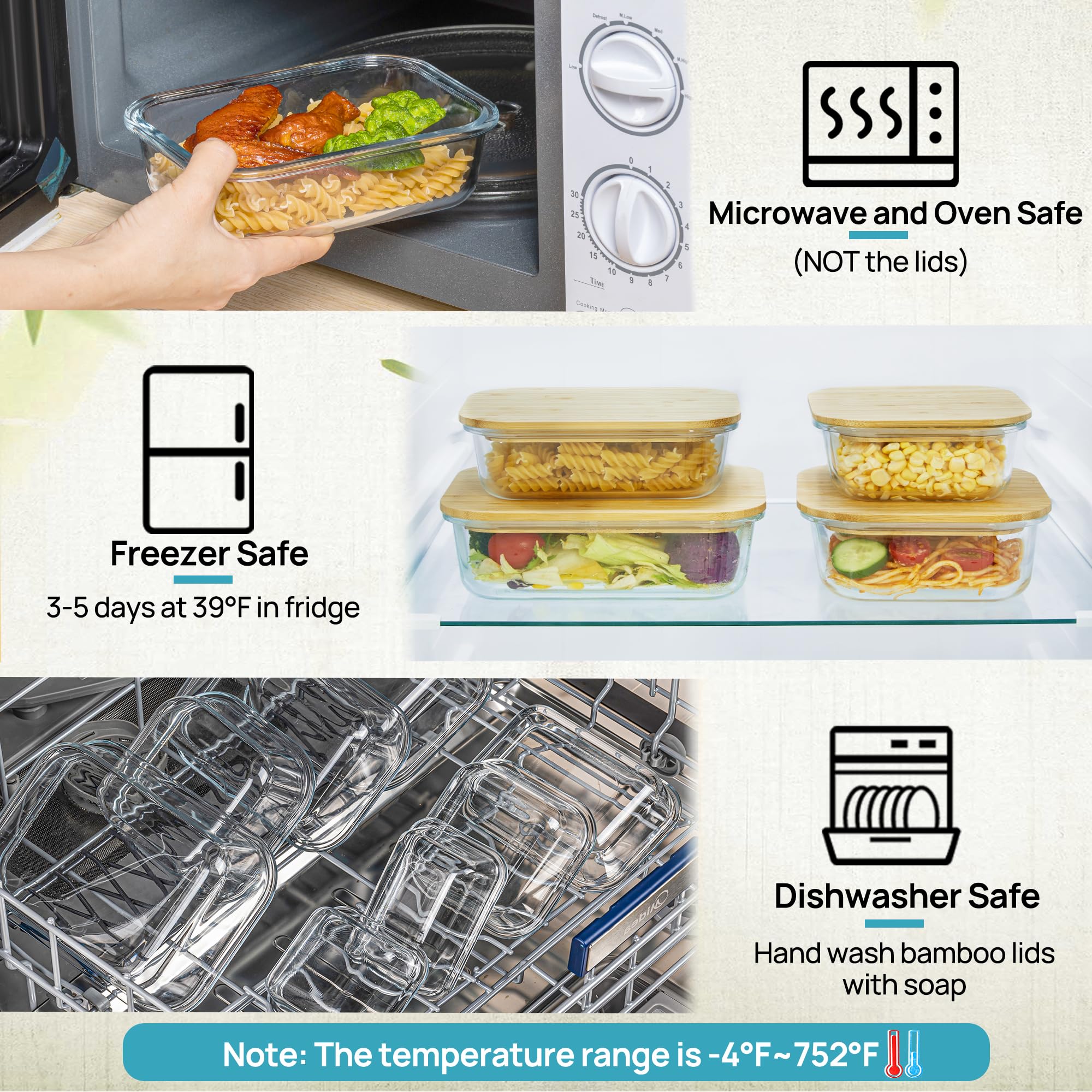 Vtopmart Glass Food Storage Containers with Bamboo Lids, 4 Pack Meal Prep Glass Containers Bento Lunch Box, Safe for Microwave, Oven, Freezer and Dishwasher, BPA Free