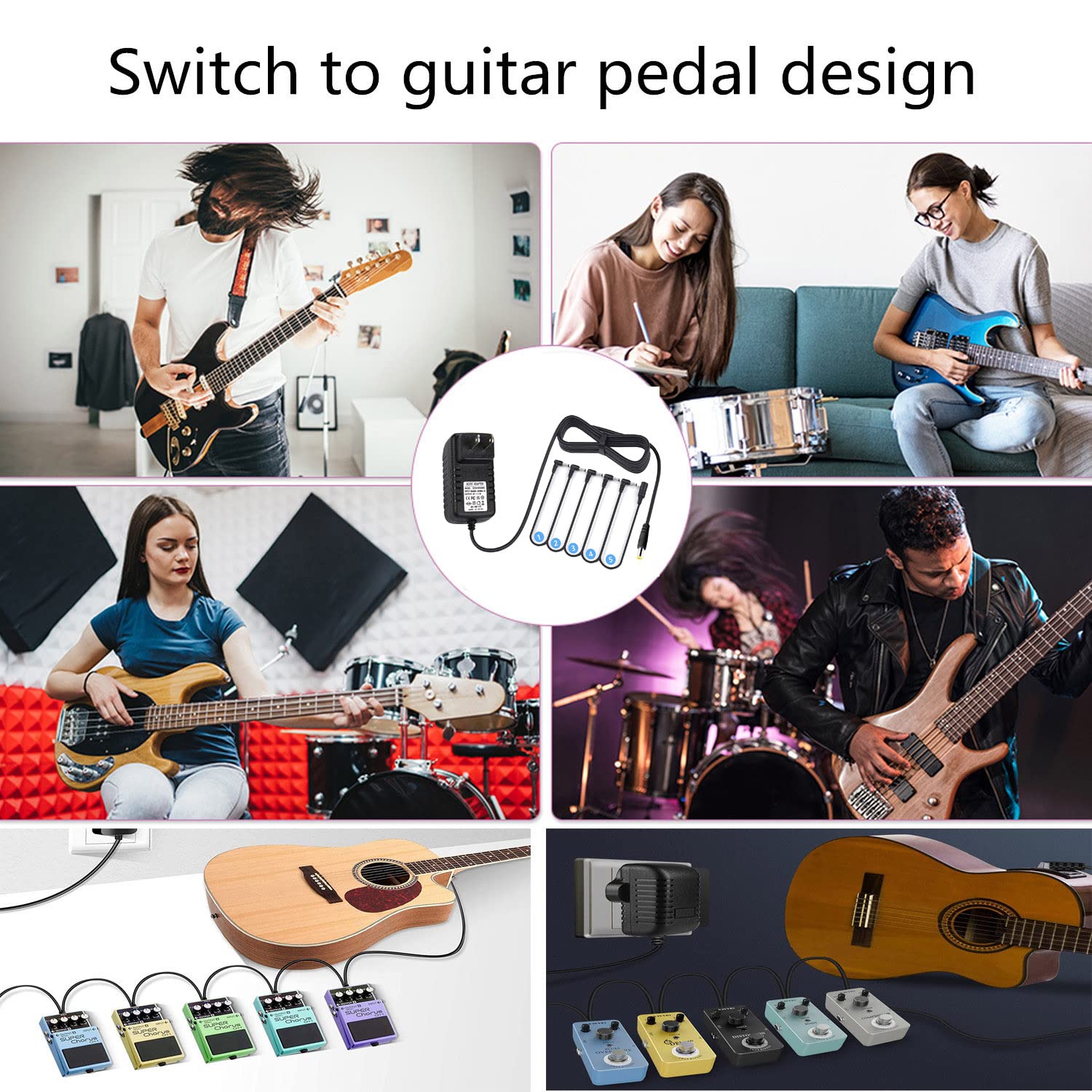 XZGm 9V1A Guitar Effects Pedal Power Adapter with 5-Way Effects Pedal Cable, for Most Versions of Guitar Effects Pedals, No Noise Interference(Inner-Outer +)