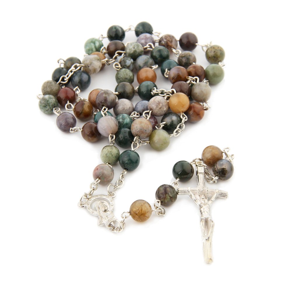 Ytbeauti Religious Catholic India Agate Prayer Beads Bless Rosary Necklace Silver Cross 8MM Double Length 16.5inch