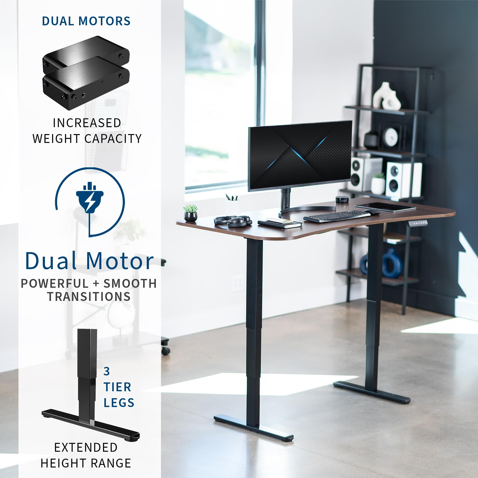 VIVO Electric Height Adjustable 63 x 32 inch Memory Stand Up Desk, Dark Walnut Table Top, Black Dual Motor Frame with Preset Controller, 2B Series, DESK-KIT-2B1D