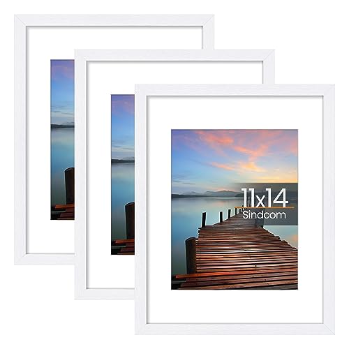 Sindcom 11x14 Picture Frame 3 Pack, Poster Frames with Detachable Mat for 8x10 Prints, Horizontal and Vertical Hanging Hooks for Wall Mounting, White Photo Frame for Gallery Home Décor