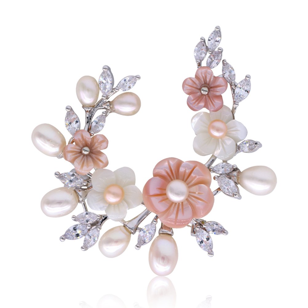 SHAN LI HUA Fashion Accessorices Shell Pearl Flower Brooch Women Safety Pin White Pink