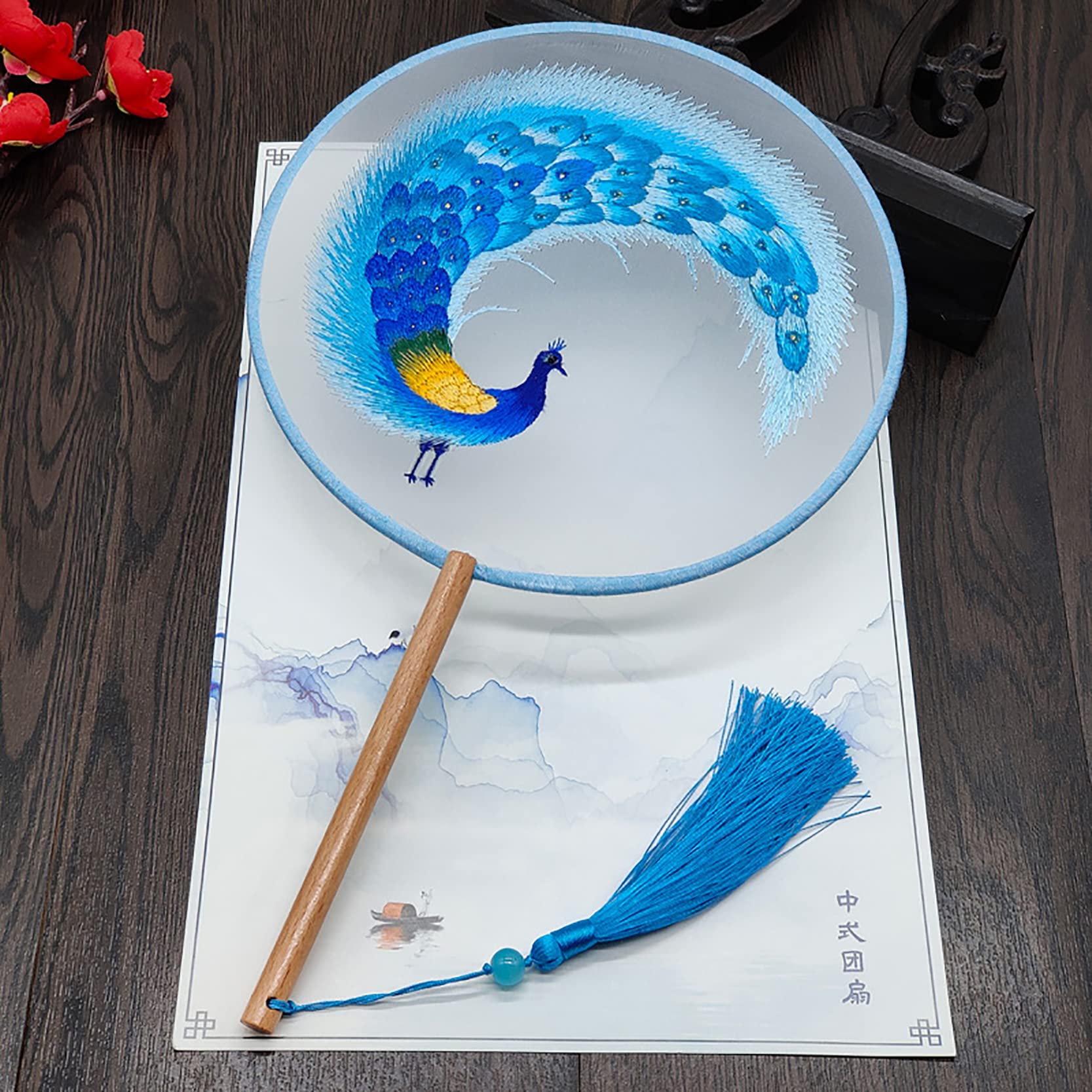 YUELAI Translucent Silk Embroidered Hand Held Fan, Chinese Round Fan, Ancient Hand Fan,Traditional Palace Paddle Dance Fan, Vintage Double-Sided Embroidery Fan