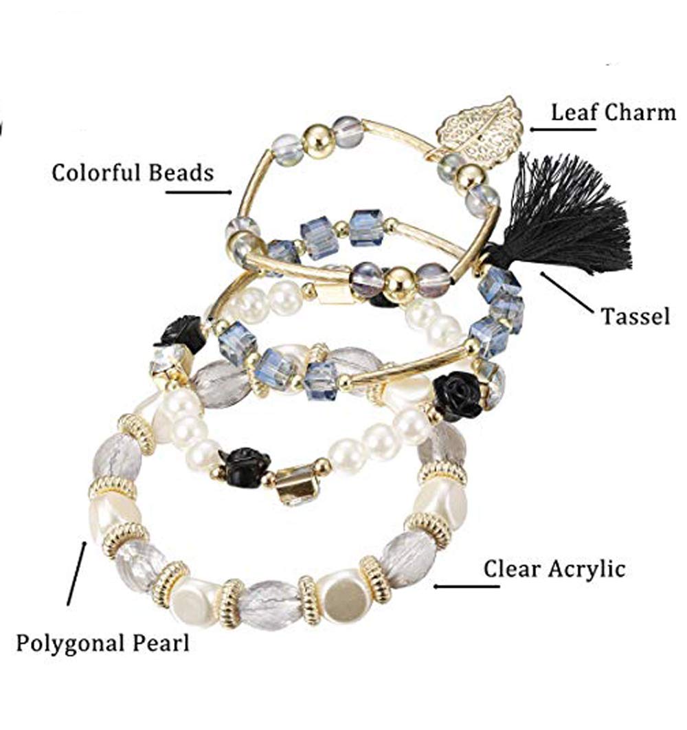yunanwa 5 PACK Multilayer Bohemian Beaded Bangle Bracelet Crystal Charm Stretch Beach Stack-able Multi-color Boho Bracelets Jewelry Set