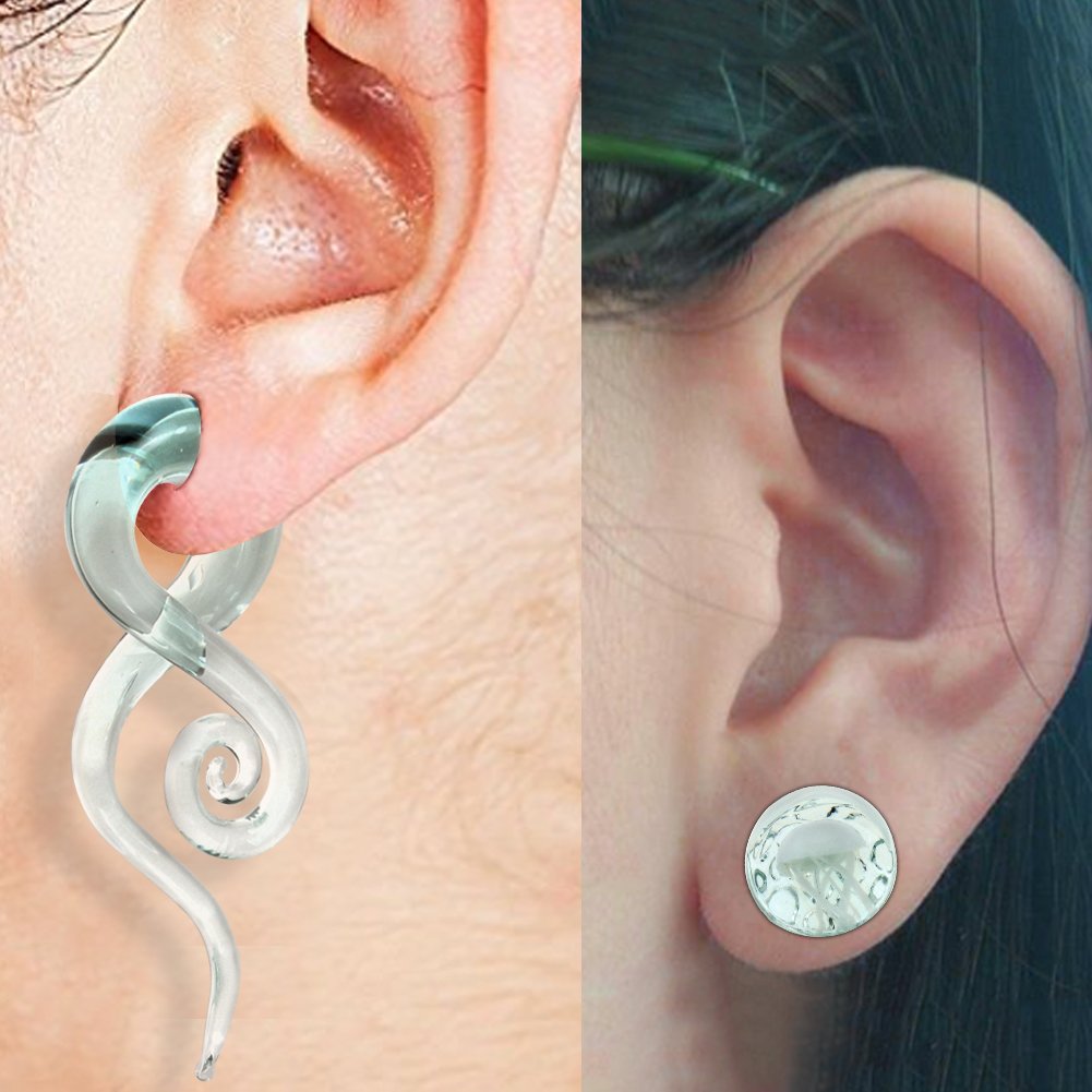 TOPBRIGHT 0G 00G 1/2 inch Spiral Glass Tapers with Jellyfish Ear Expander Plugs Glass Ear Piercing Gauges