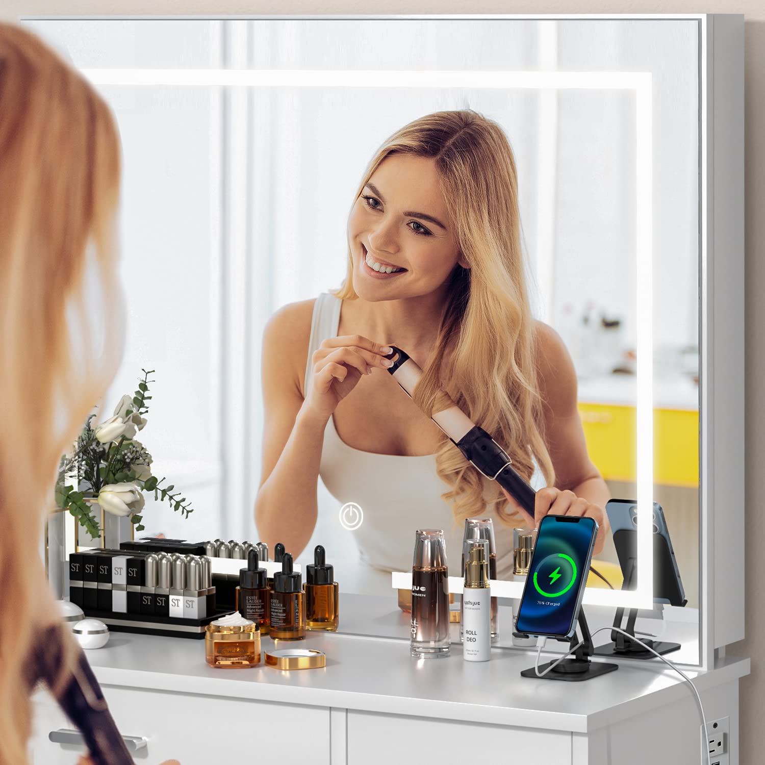 SMOOL Makeup Vanity Table with Large Lighted Mirror & Power Outlet, 3 Color LED Modes Desk Slidding Storage, Drawer Cabinet, White Soft Cushioned Stool for Bedroom 35.4''