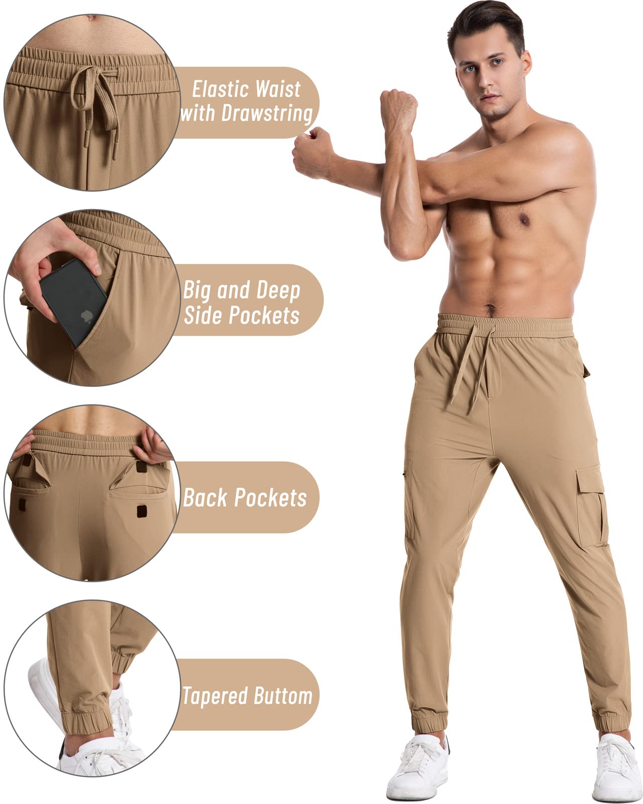 Y YERFONE Mens Hiking Pants Quick Dry Golf Joggers with Pockets Stretch Cargo Pants Slim Fit Lightweight Travel Athletic Workout Dark Khaki