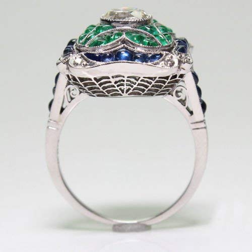 Yuren 925 Sterling Silver Vintage Emerald Ring Blue Sapphire White Topaz Ring Women Wedding Fashion Jewelry Size 6-10 (US code 9)