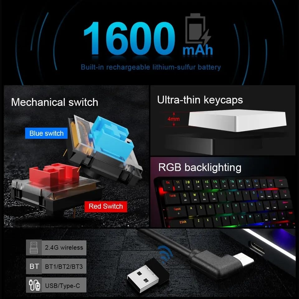 Redragon K624 60% Low Profile Slim Mechanical Gaming Keyboard Wired/Wireless 2.4G and Bluetooth hot swappable Slient Red Switches Backlit RGB with White Black 2 Sets of Keycap
