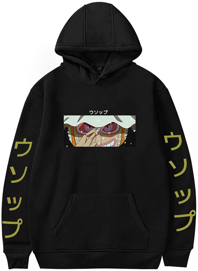 WINKEEY Men's Hoodie Japanese Anime Character Print Cosplay Sweatshirt Luffy Zoro Pullover, Black Usopp XXS