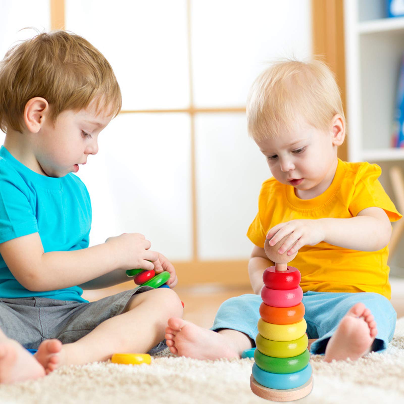 SHIERDU Wooden Rainbow Stacker 36-Month Toddler Learning Toy Non-Toxic Environmentally Friendly Stacking Ring Toy 3 Years Old Baby boy Girl Gift