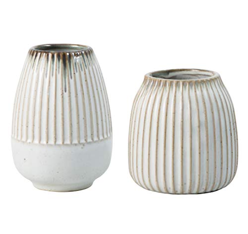 Vellarr Small White Ceramic Vase Set, Rattan Stripe Bud Vases Home Decor, Great for Decorative, Kitchen, Office or Living Room, (Set of 2 Vases)