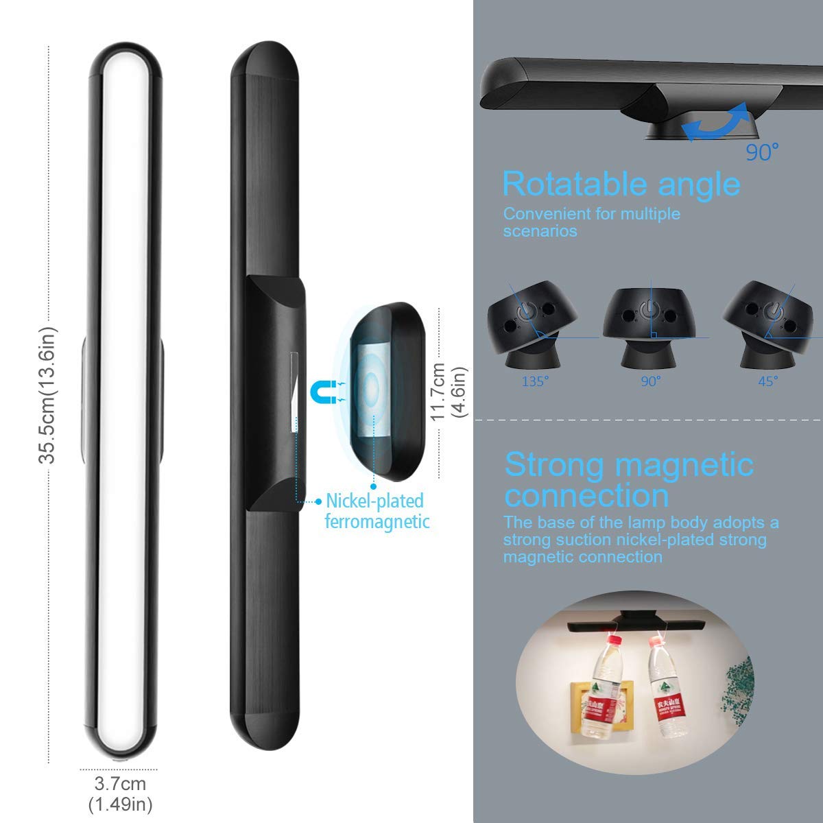WILLED Rechargeable Light Bar, 3W Touch Light Built-in 2000mAh Battery and Stick Magnet Mount, for Reading, Closet, Cabinet, Makeup Mirror, Bedside, Study Light