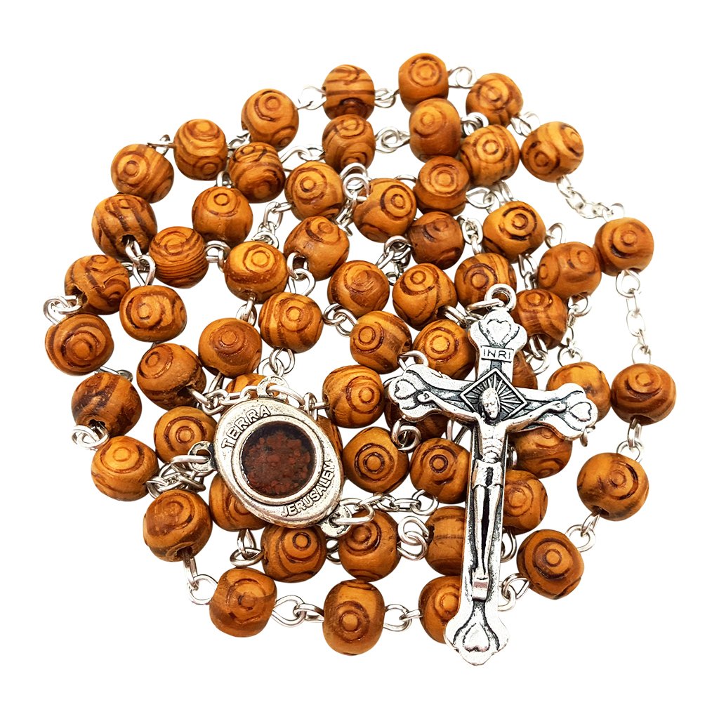 TALISMAN4U CATHOLIC ROSARY NECKLACE Olive Wood Carved Beads With Jerusalem Soil & Cross Crucifix in Gift Box