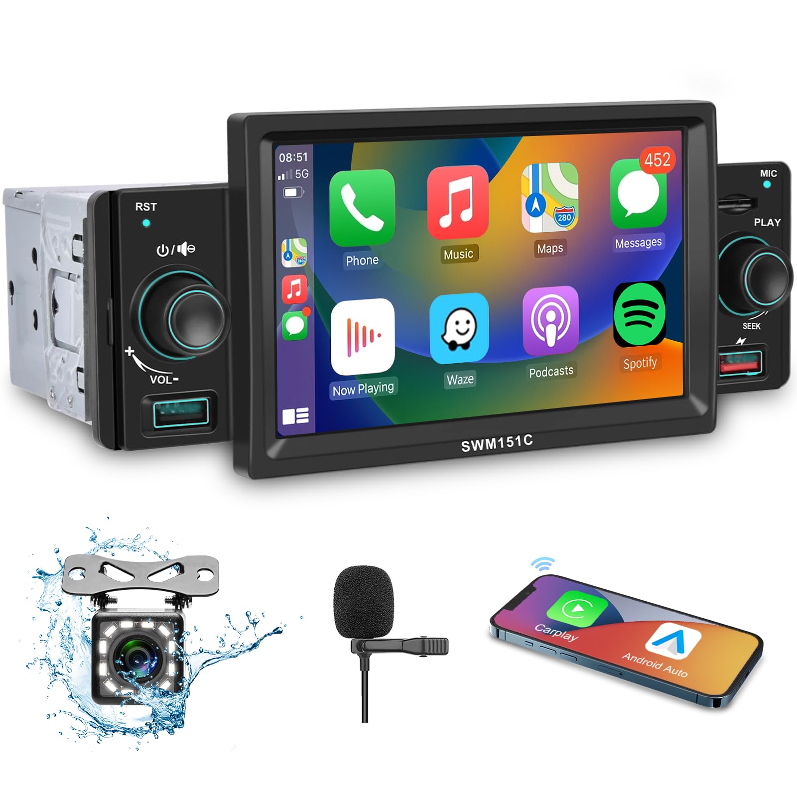 Single Din Car Stereo with Carplay Android Auto, 5 Inch Touch Screen Car Radio with Bluetooth 5.1 FM Radio Mirror Link Voice Control USB Fast Charging SWC TF Dual Mic + 12LED Backup Camera