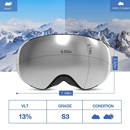 ZIONOR X PRO Ski Snowboard Snow Goggles with Magnetic Interchangeable Dual Layer Lens Anti-fog UV Protection for Men Women Adult (VLT 13% Silver Lens)