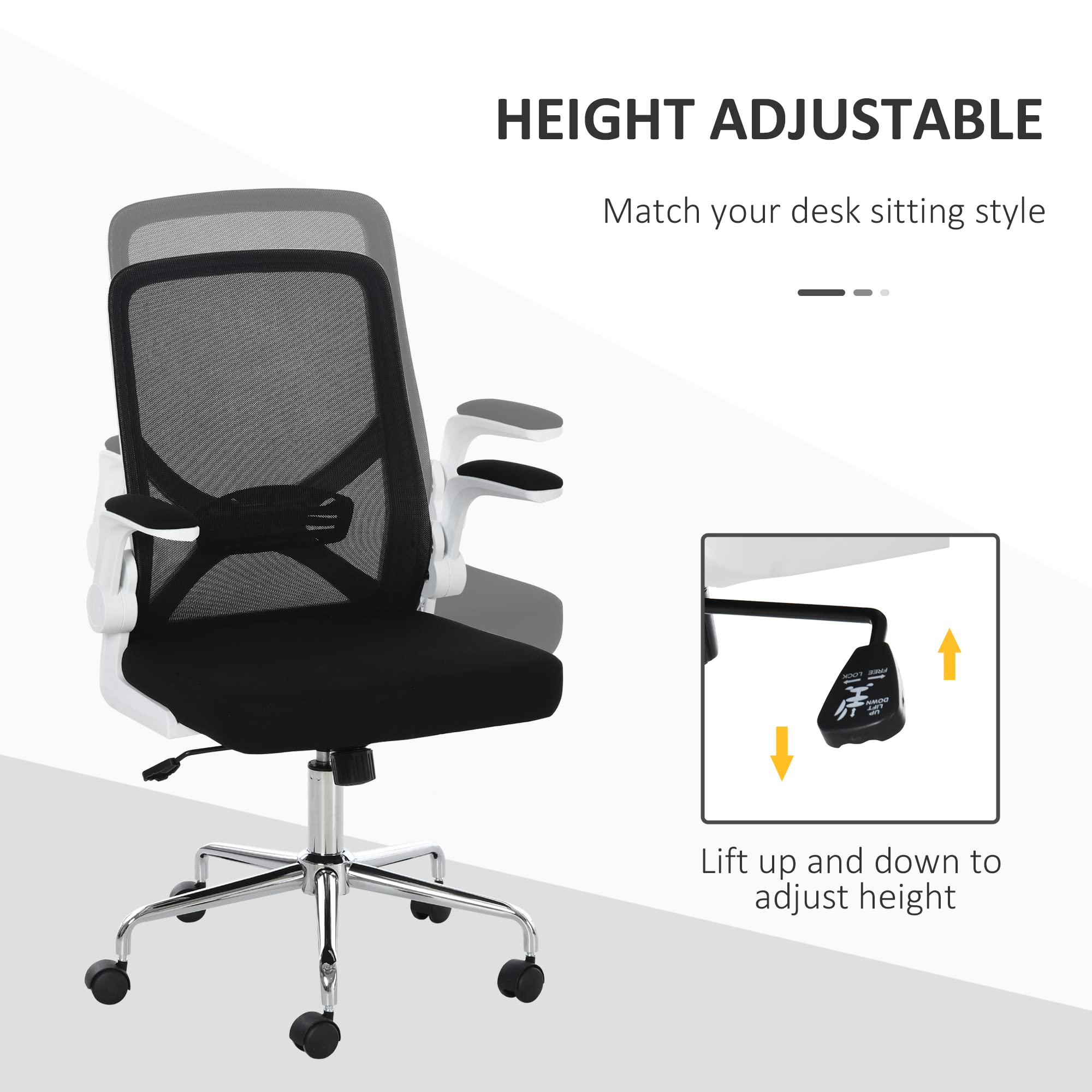 Vinsetto Ergonomic Mesh Office Chair Rocking Swivel Computer Task Desk Chair with Folding Backrest, Lumbar Support, Flip-up Arms and Adjustable Height, Black
