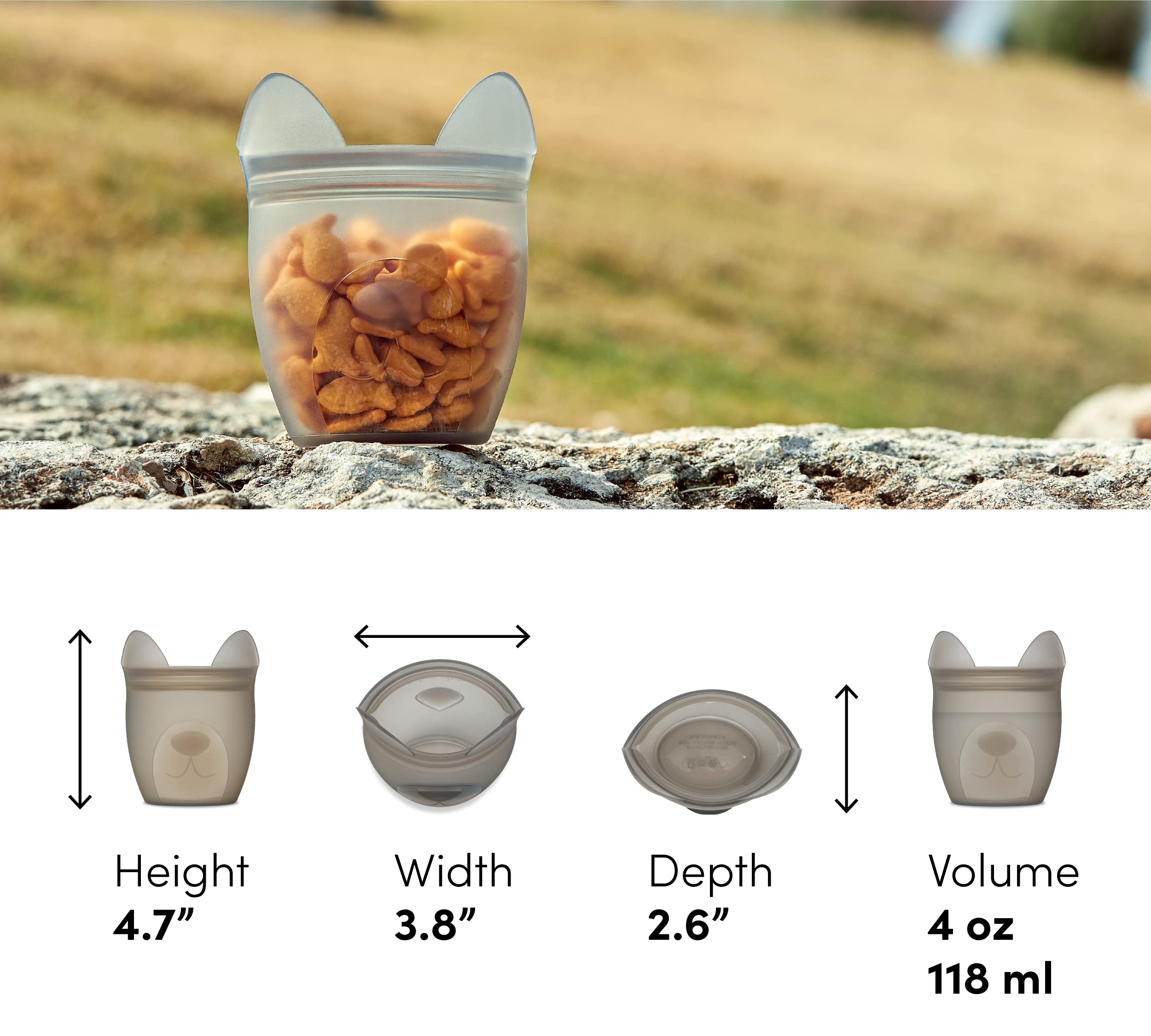 Zip Top Reusable 100% Silicone Baby + Kid Snack Containers- The only containers that stand up, stay open and zip shut! No Lids! Made in the USA - Gray Dog