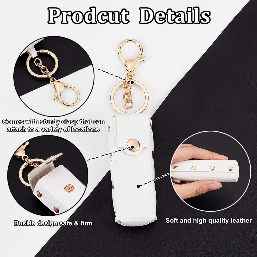 WADORN 2pcs Chapstick Keychain Holder, 6 Inch PU Leather Lipstick Organizer Holder with Keychain Mini Lip Gloss Travel Storage Case Portable Snap-On Lip Balm Sleeves for Women Gift,White