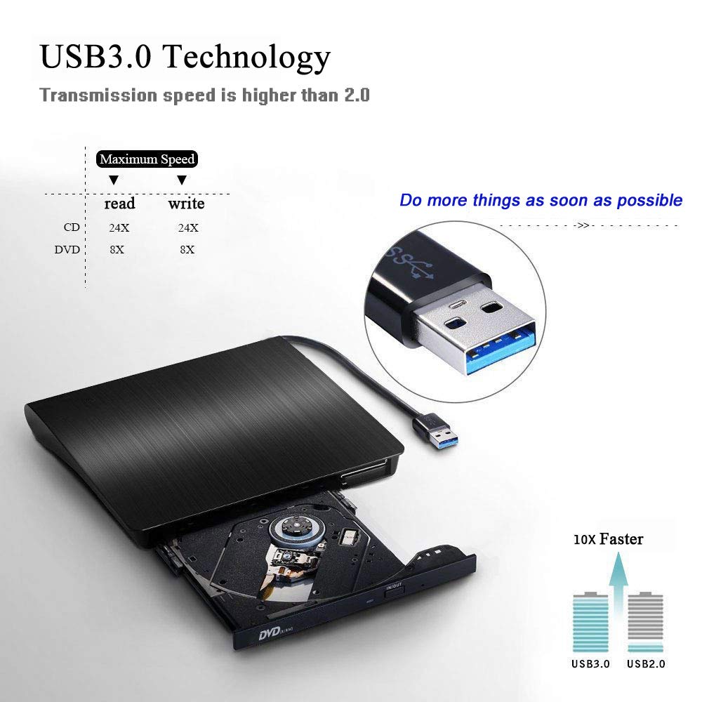 Spmywin External DVD Drive for Laptop, USB 3.0 +/-RW Burner Writer Reader Rewriter, Portable Optical Drive Compatible with Macbook, Desktop, Windows 7/8/10/XP/Vista/Mac(Black)