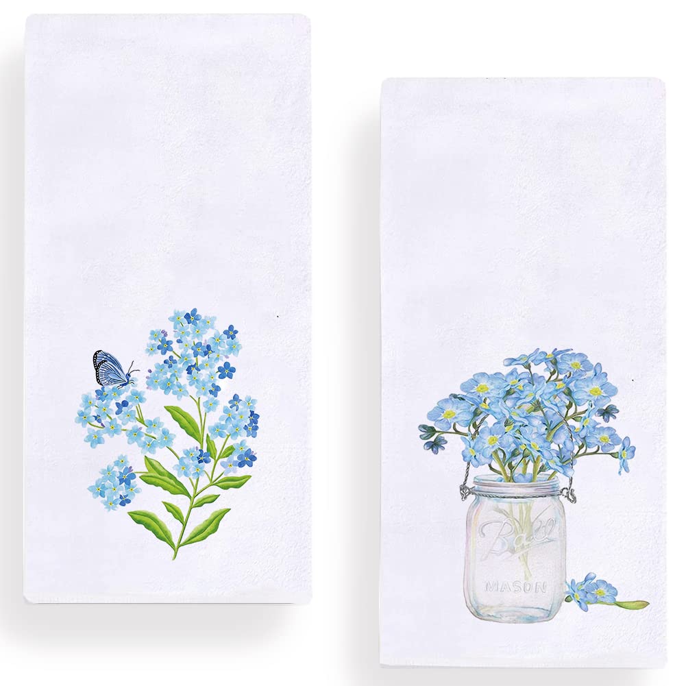 Watercolor Forget Me Not Kitchen Dish Towel 18 x 28 Inch Set of 2, Spring Summer Floral Tea Towels Dish Cloth for Cooking Baking