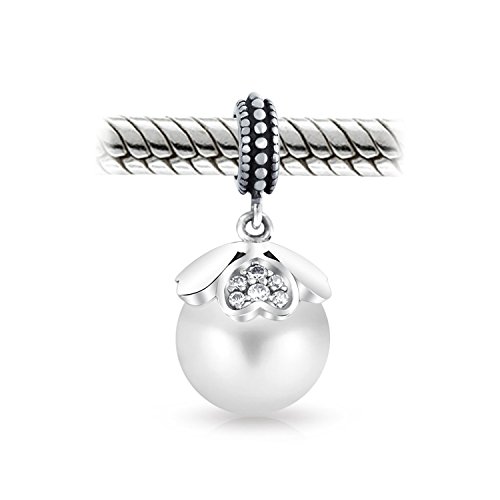 Vintage Style Heart Cap White Simulated Pearl Dangle Charm Bead For Women .925 Sterling Silver Fits European Bracelet