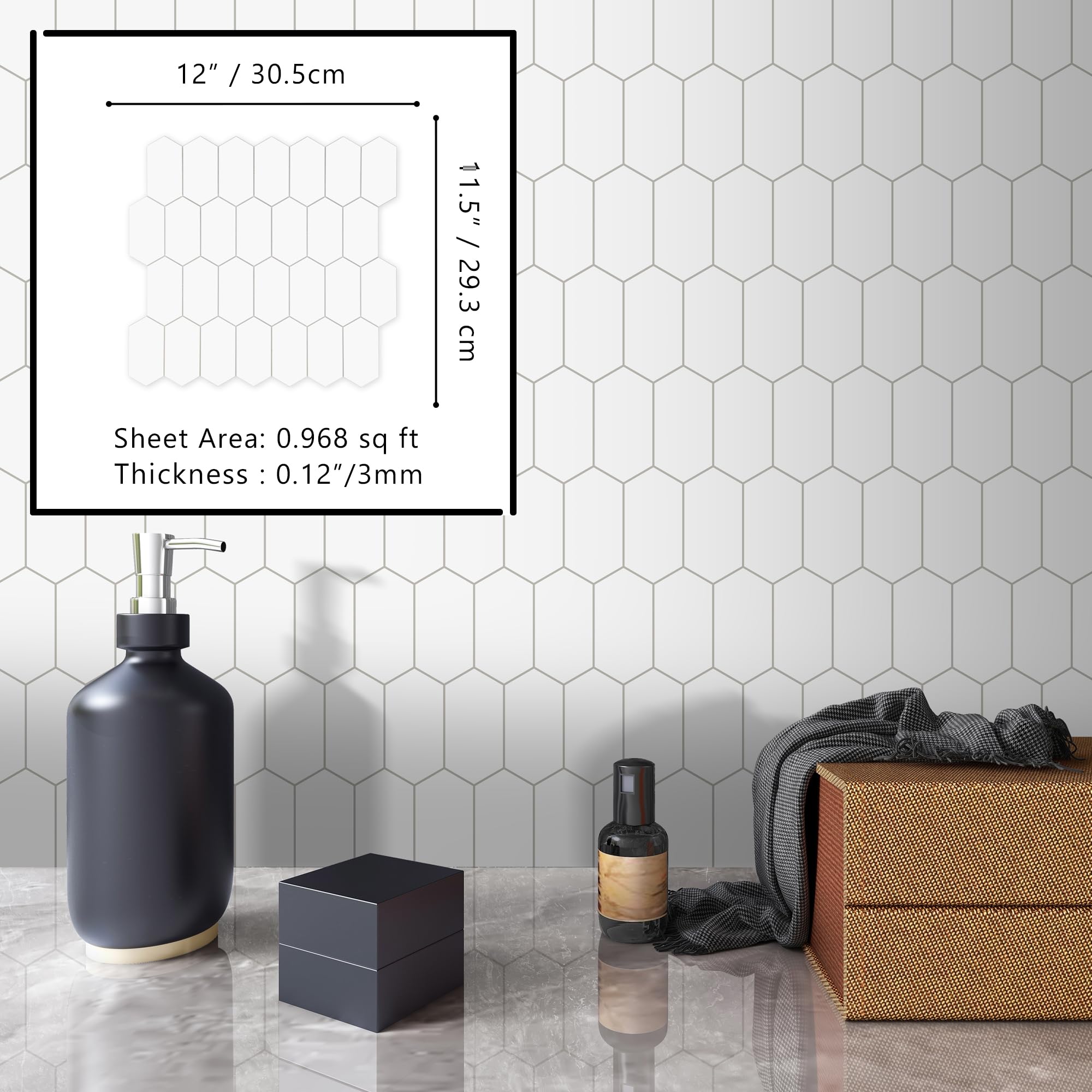The Tiles Plaza Backsplash Tile for Kitchen Peel and Stick. Blue Long Hexagon Self Adhesive Wall Tile. Stone Composite Stick On Decorative Mosaic Tile for Bathroom, Fireplace, 1 Sheet, 0.9 Sq Ft.