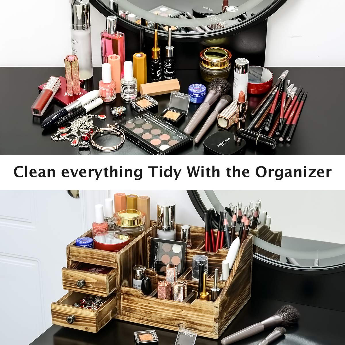 XCSOURCE Rustic Wooden Desk Organizer Cosmetic Organizer Storage Makeup Organizer and Storage Organize Storing of Makeup Tools at Home Office Bathroom Organizer Rustic Brown