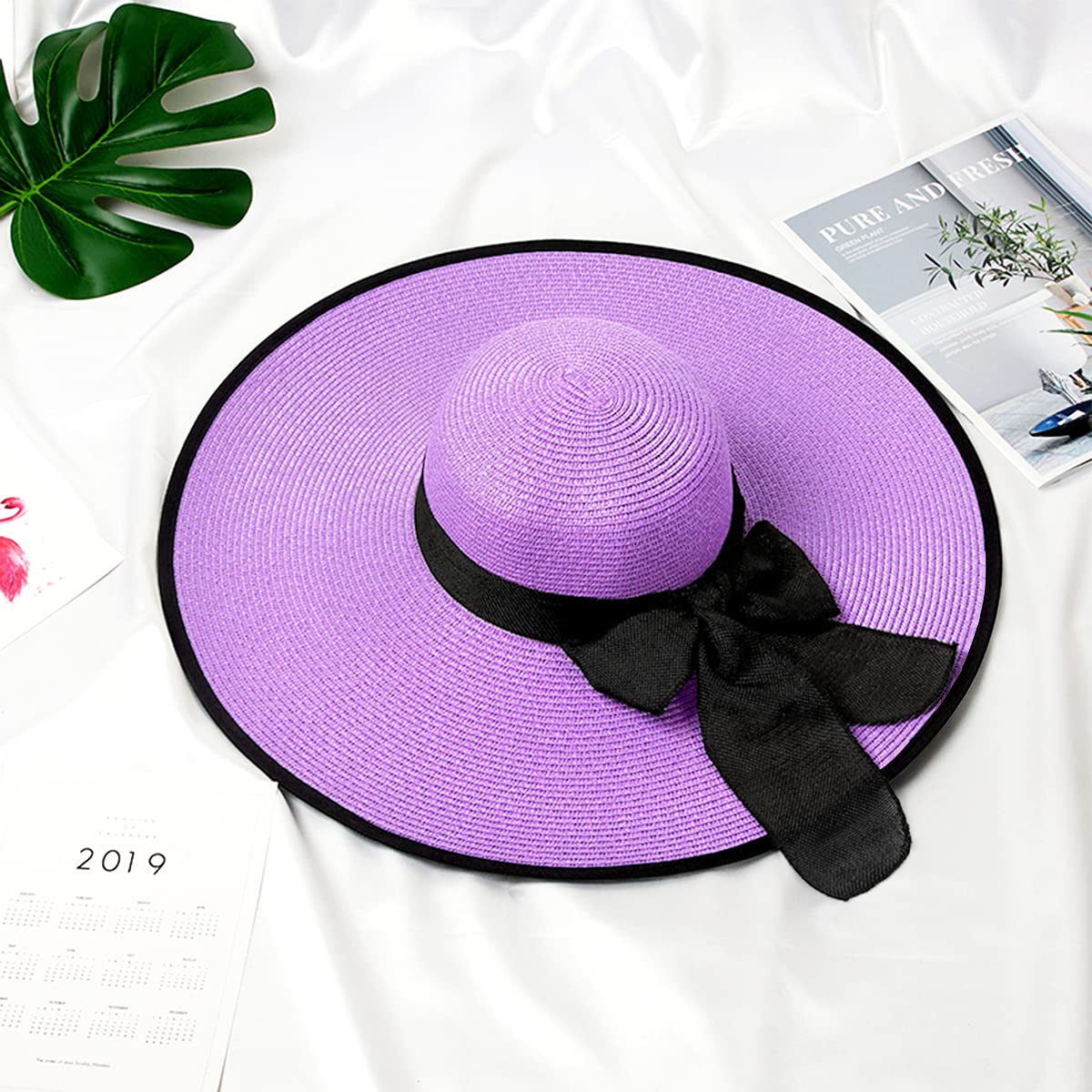Womens Sun Straw Hat Wide Brim UPF 50 Summer Hat Foldable Sun Hats Foldable Roll up Floppy Beach Hats for Women (Purple)