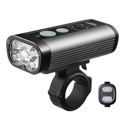 RAVEMEN PR2400 Bike Light for Mountain Biking, 2400 Lumens Bike Headlight with OLED Runtime Display, USB Output, Far Reaching High Beam, Anti-glare Low Beam, IPX8 Waterproof