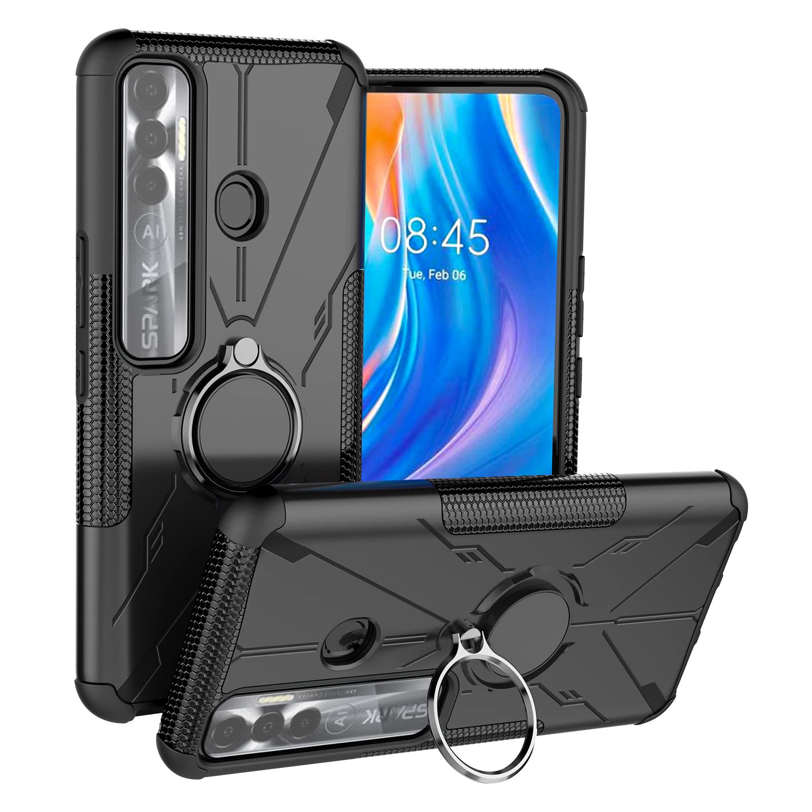 YukeTop Cover for Tecno Spark 7 Pro Case, All-Inclusive Protection, Sturdy, Drop-Resistant, Rear Ring Holder, Cover Protection for Tecno Spark 7 Pro.(Black)